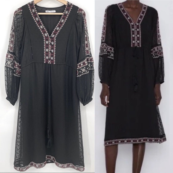 Zara | Dresses | Zara Midi Dress Embroidered Dotted Mesh Boho Dress ...